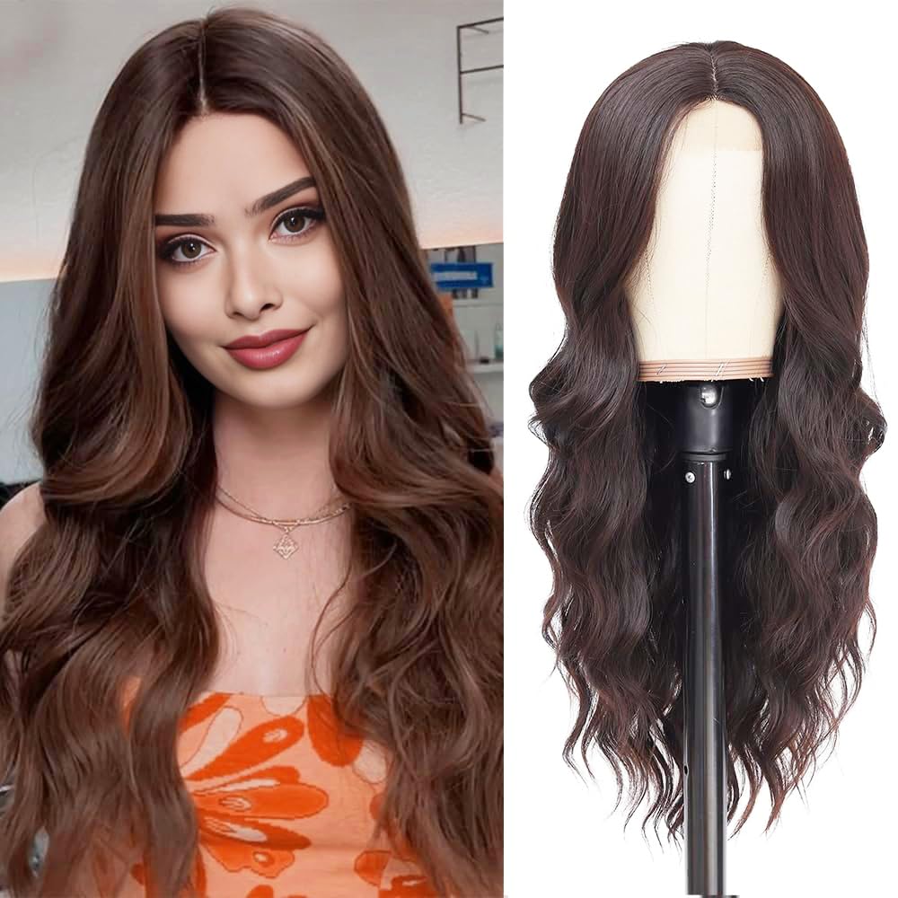 IFSUP Long Wavy Brown Hair Wig for Women 26Inch Dark Brown Curly Middle Part Wig Upgraded Synthetic Protein Fiber Wig Natural Looking Hair Replacement Wig(26'' Brown)