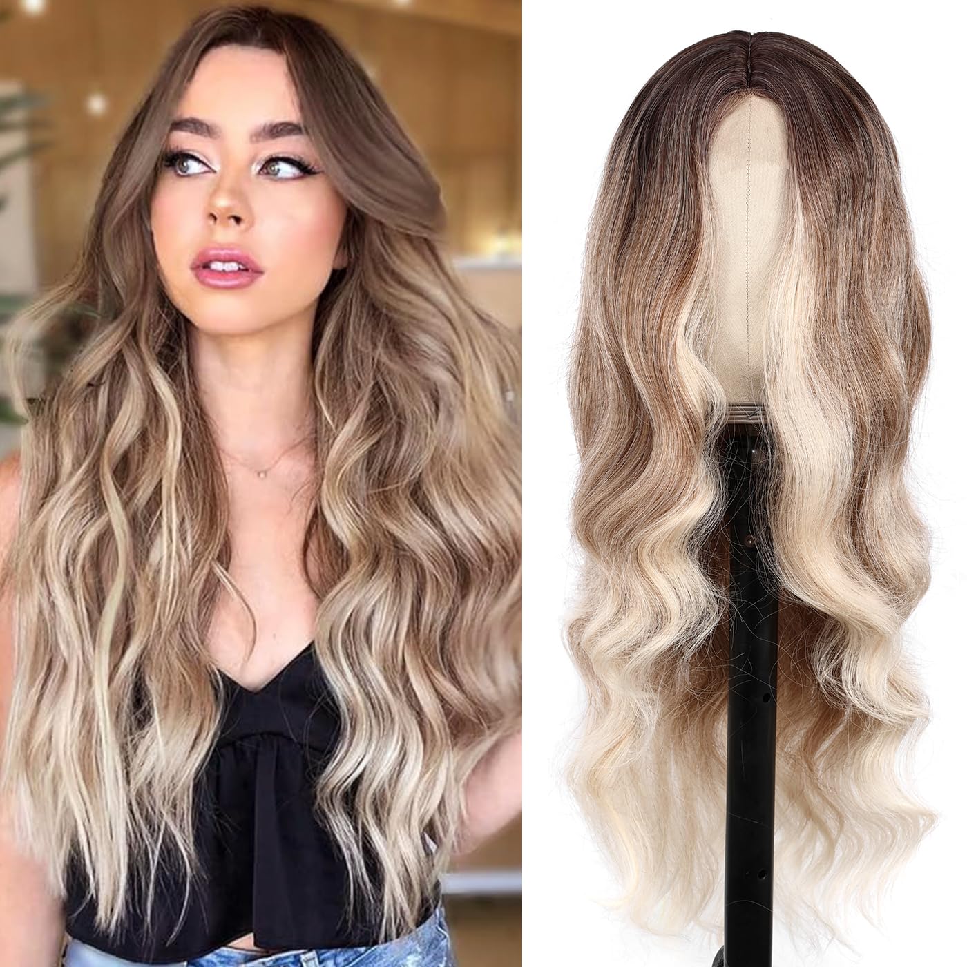 Sodfey Long Brown Mixed Blonde Wavy Wig for Women Middle Part Curly Wavy Wig Natural Looking Heat Resistant Fiber Synthetic Wig for Daily Party Use (26in, R2/6/26)