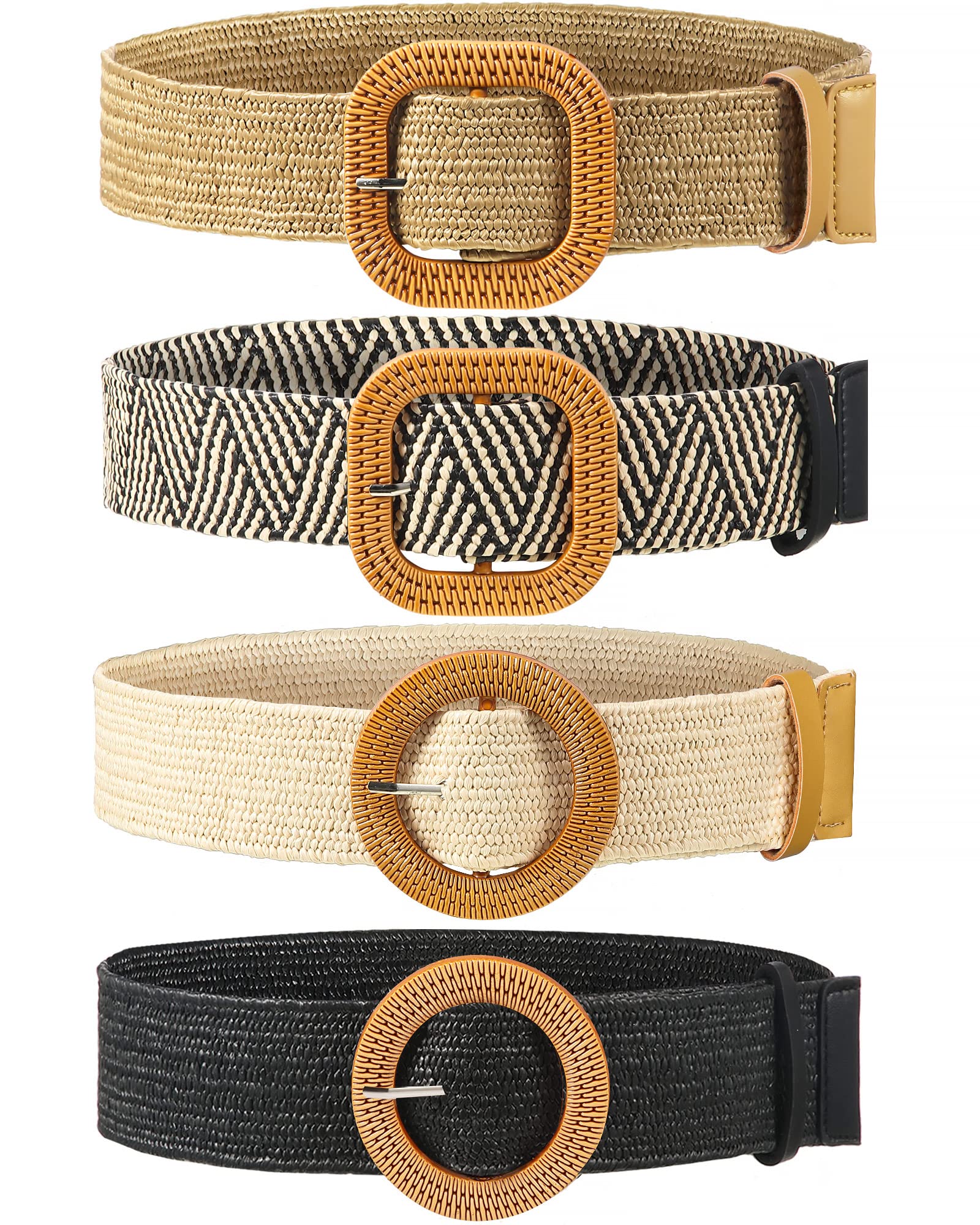 WILLBOND 4 Pcs Straw Woven Belt Elastic Stretch Rattan Buckle Waist Belt Women Skinny Raffia Dress Waist Band(Retro Color,Large)