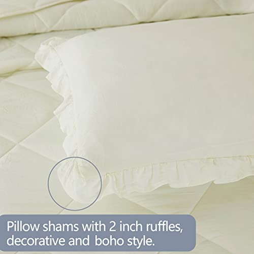 HIG 3 Piece Farmhouse Ruffled Skirt Bedspread Set King, Chic Ivory Diamond Stitched Coverlet with 30" Drop Dust Ruffle, French Country Bedding Collections for Bedroom Decor, Washed Microfiber (Elain)
