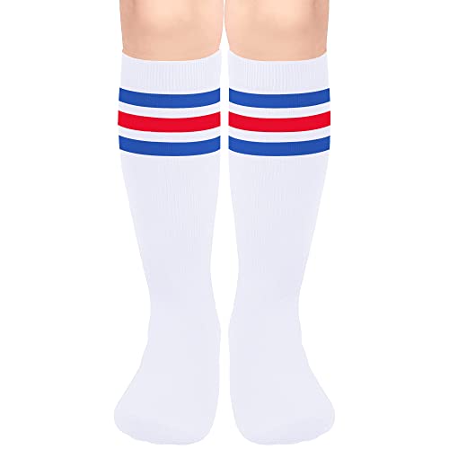 DOOVID Kids Soccer Socks Three Stripes Knee High Socks Cotton Sports Socks Toddler Boys Girls Uniform Tube Socks White Blue Red