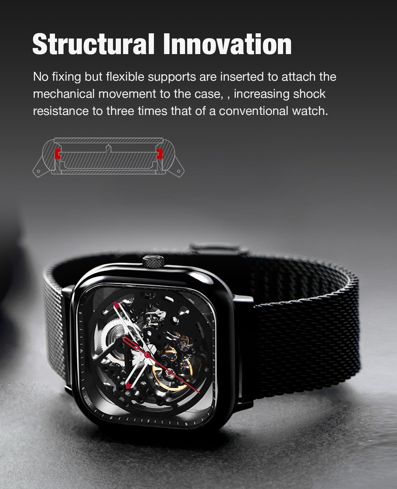 CIGA Design Men's Automatic Watch, C Series Full Hollow Skeleton Mechanical Analog Wristwatch with Milanese and Leather Strap Sapphire Crystal Mirror (Black)