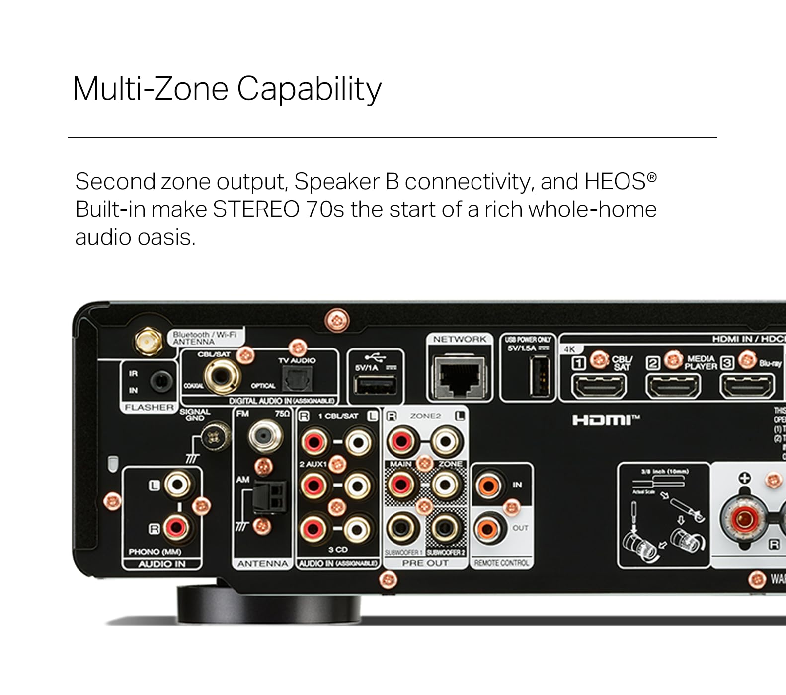 Marantz STEREO 70s 2-Ch AV Receiver (75W X 2) - 4K/120 and 8K Compact Home Theater Receiver, Class A/B Amplification, Supports Spotify Connect, Airplay 2, Bluetooth, & More via Wi-Fi & HEOS Multi-Room
