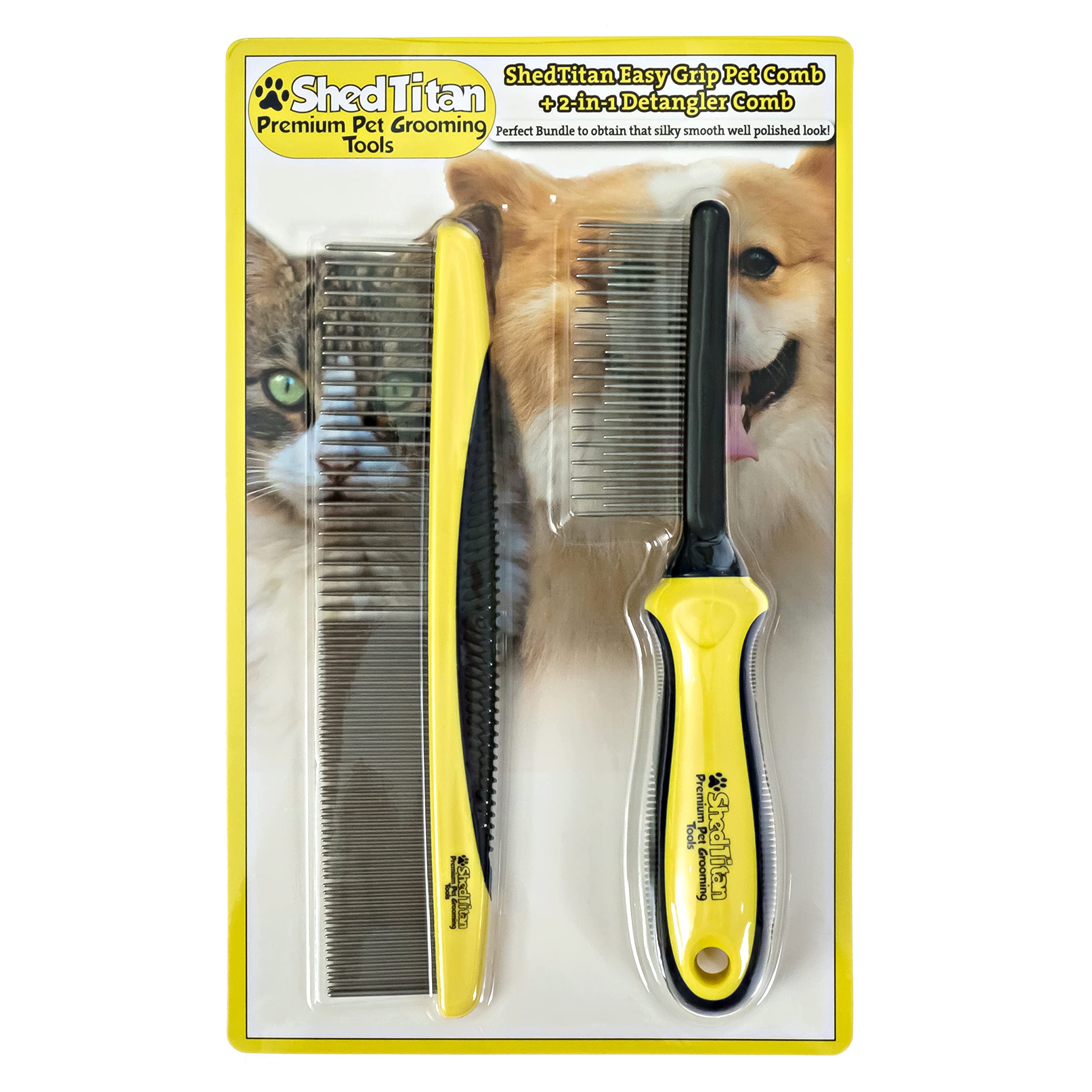 ShedTitan Metal Dog Comb for Matted Hair & Detangler Combs Set - Remove Tangles & Matted Fur - Easy Safe Cat & Dog Combs for Grooming Doodles