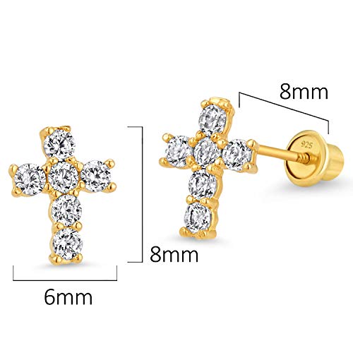 14k Gold Plated Brass Cross Cubic Zirconia Screwback Baby Girls Earrings with Sterling Silver Post