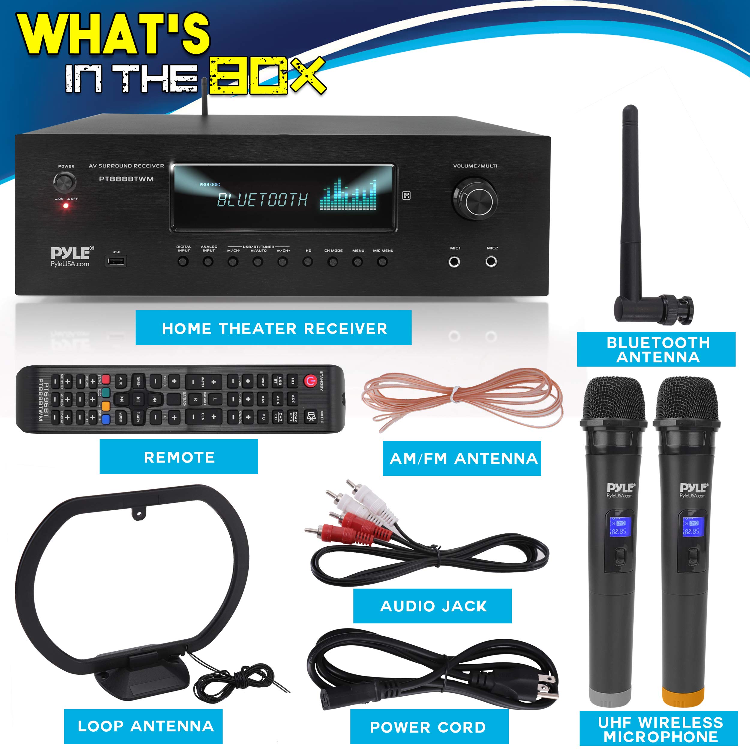 Pyle 1000W Bluetooth Home Theater Karaoke Receiver - 5.2-Ch Stereo Amplifier 2 UHF Wireless Microphone Video Pass-Through Supports, MP3/USB/HDMI/AM/FM Radio - Pyle PT888BTWM , Black