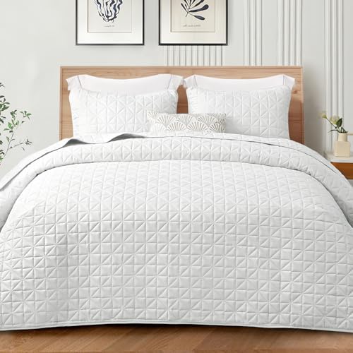 Exclusivo Mezcla Quilts King Size Bedding Set with Stitched Grid Pattern, Lightweight Summer White Bedspreads Coverlets Bed Cover for All Seasons (1 Quilt and 2 Pillow Shams)
