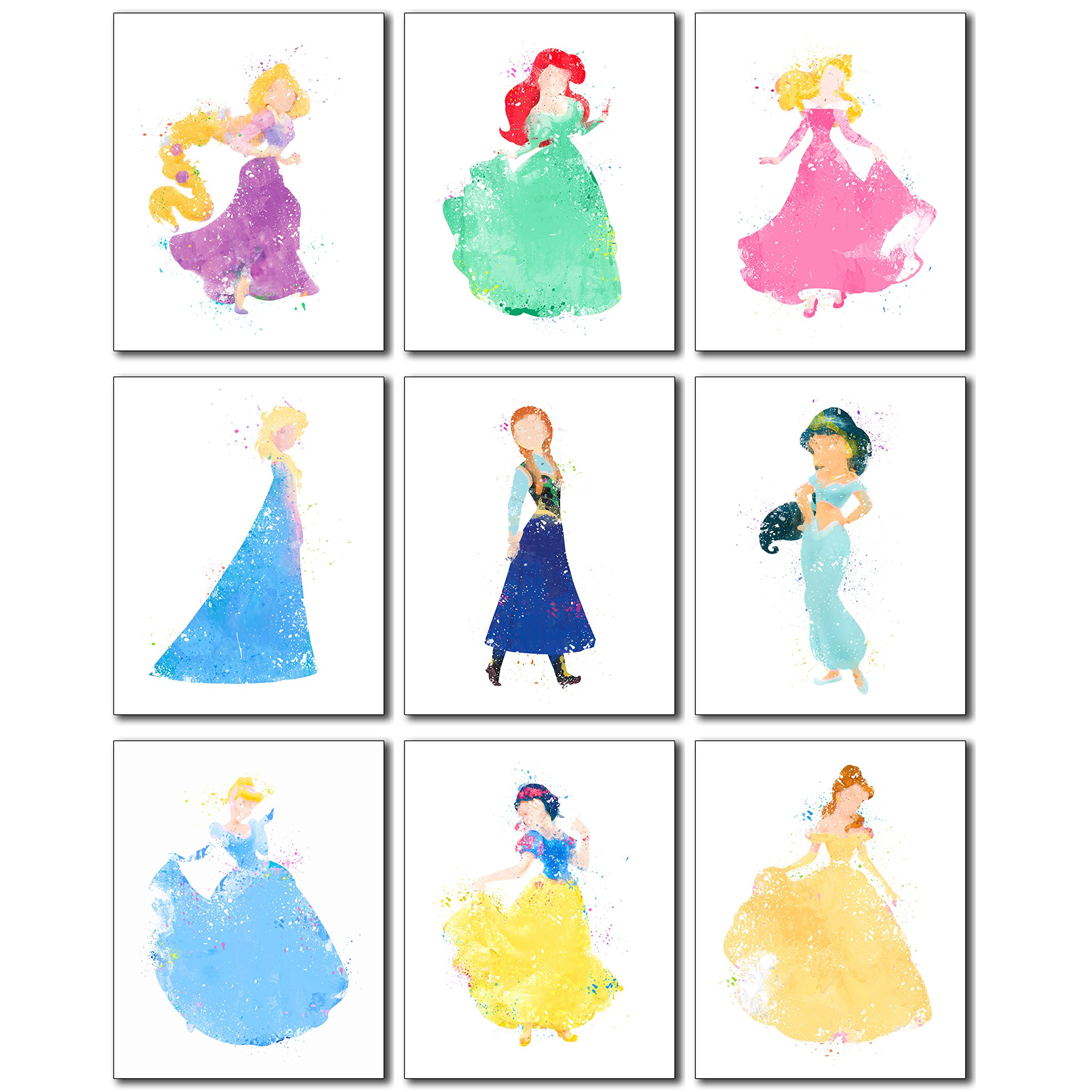 Princess Watercolor Prints - Set of 9 (8 inches x 10 inches) Photos - Rapunzel Ariel Aurora Elsa Anna Jasmine Cinderella Snow White Belle