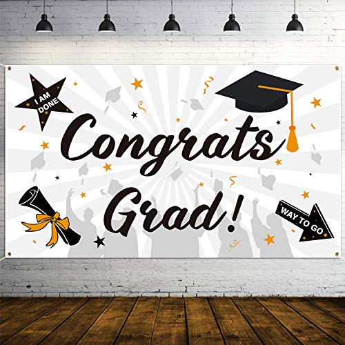 WATINC Graduation Background Banner 78" x 45" XtraLarge Backdrops Congrats Grad Congratulations I Am Done Diploma Way To Go Party Decorations Supplies for Indoor Outdoor Photo Booth Props
