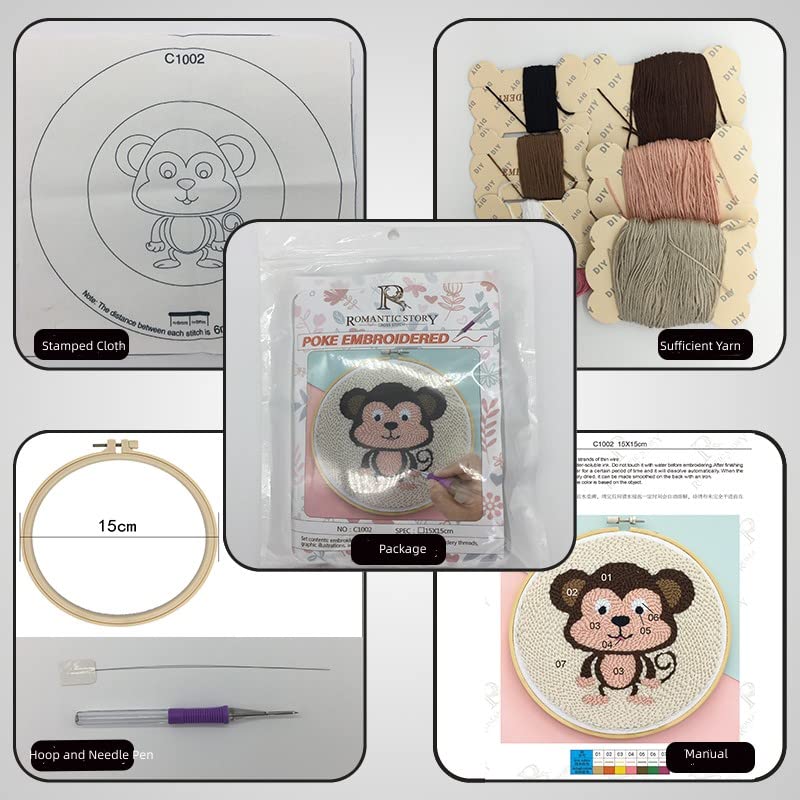 Easy Smaller Size DIY Craft Punch Needle Embroidery Kits Rug for Starter Kits with Stamped Color Pattern with Instruction,Yarn and Wood Needle Pen,15cm Hoop (White Kitten)