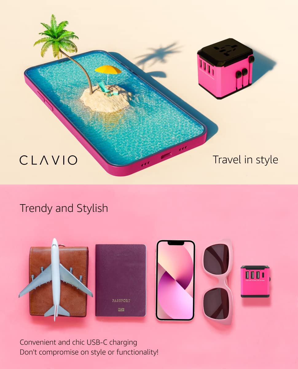 Travel Adapter, Universal Wall Charger AC Plug Adaptor with 3.6A Smart Power and 3.0A USB Type-C for USA EU UK AUS (Pink)