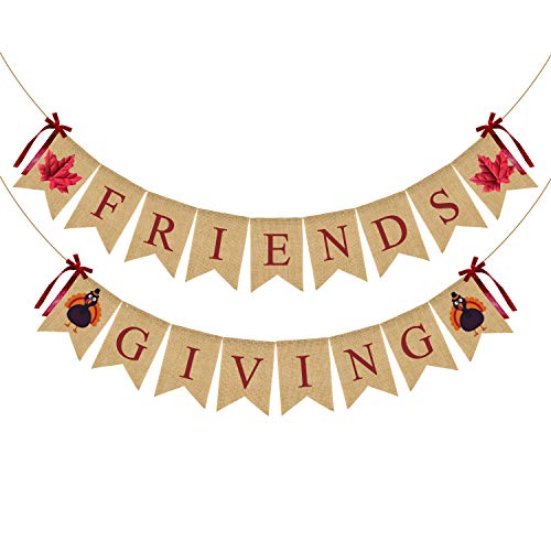 Friendsgiving Banner Decorations,2 Pack Thanksgiving Decor Maple Leaves Turkey for Thanksgiving Party Home,Table,Fireplace,Office,etc.