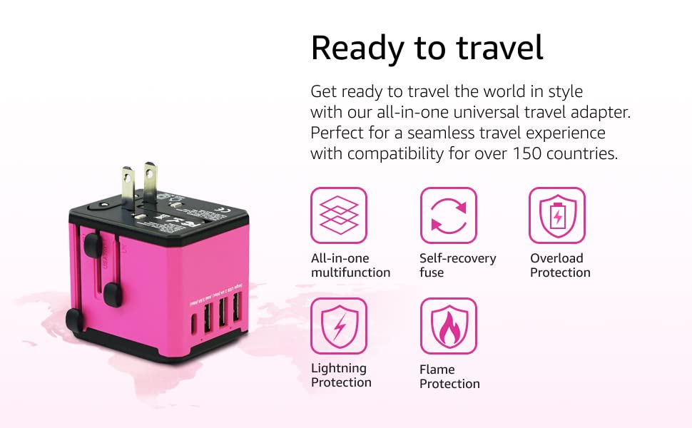 Travel Adapter, Universal Wall Charger AC Plug Adaptor with 3.6A Smart Power and 3.0A USB Type-C for USA EU UK AUS (Pink)