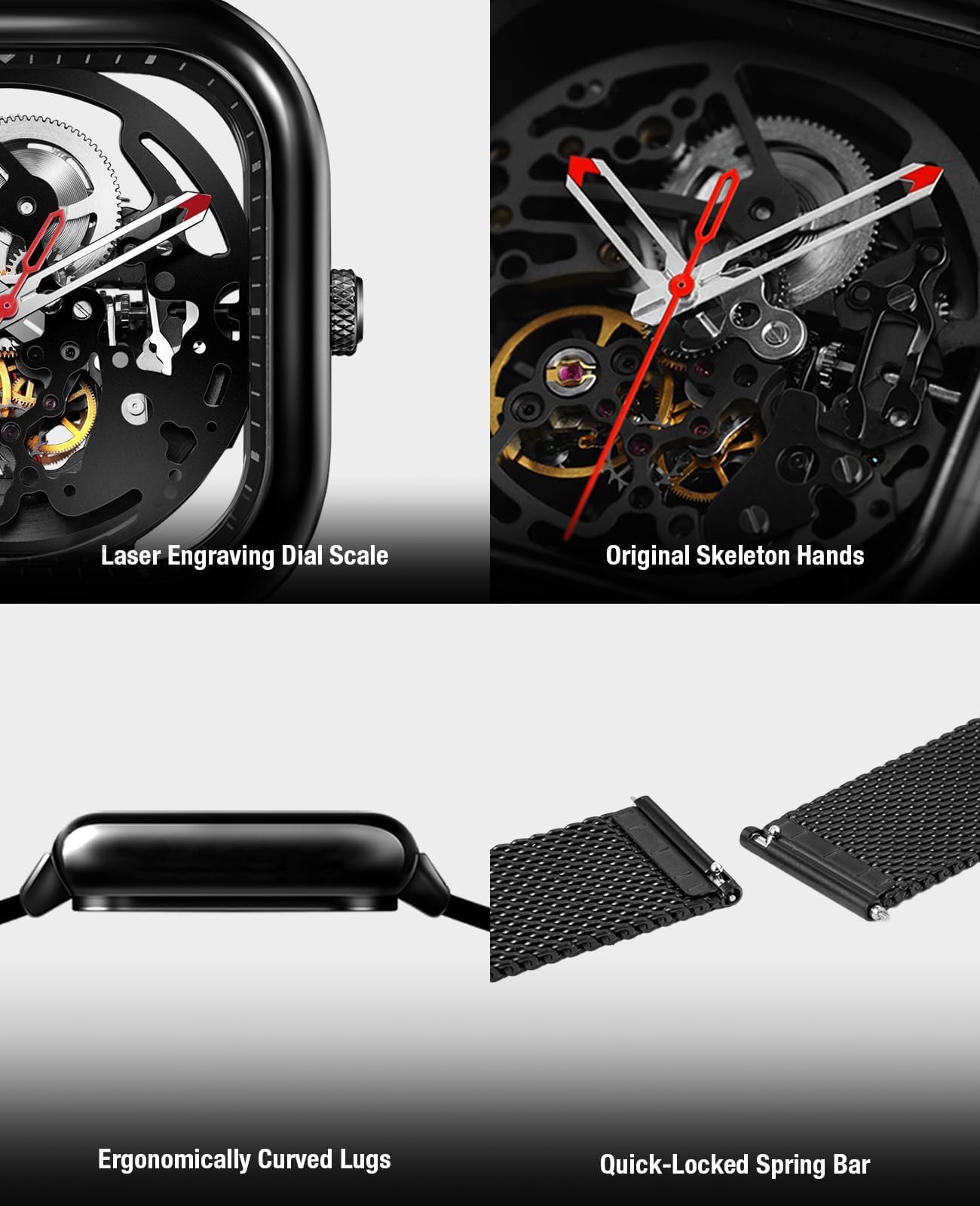 CIGA Design Men's Automatic Watch, C Series Full Hollow Skeleton Mechanical Analog Wristwatch with Milanese and Leather Strap Sapphire Crystal Mirror (Black)