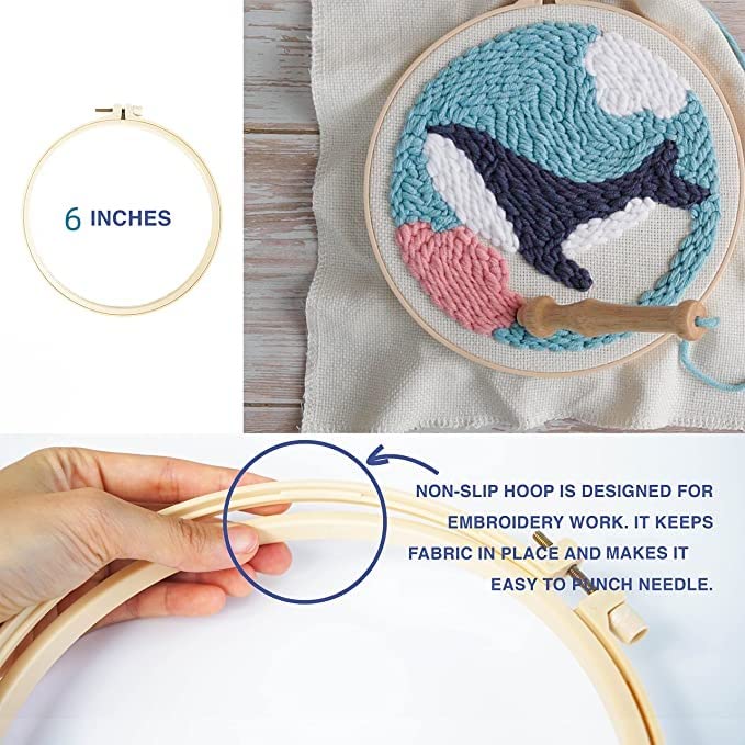 Easy Smaller Size DIY Craft Punch Needle Embroidery Kits Rug for Starter Kits with Stamped Color Pattern with Instruction,Yarn and Wood Needle Pen,15cm Hoop (White Kitten)