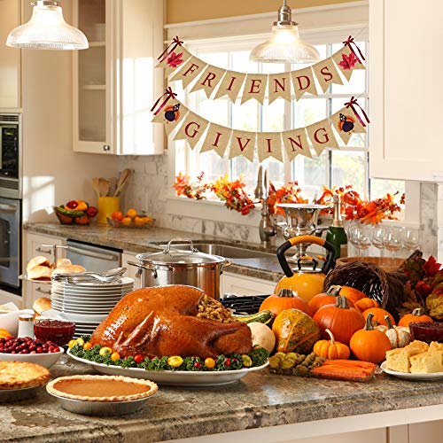 Friendsgiving Banner Decorations,2 Pack Thanksgiving Decor Maple Leaves Turkey for Thanksgiving Party Home,Table,Fireplace,Office,etc.