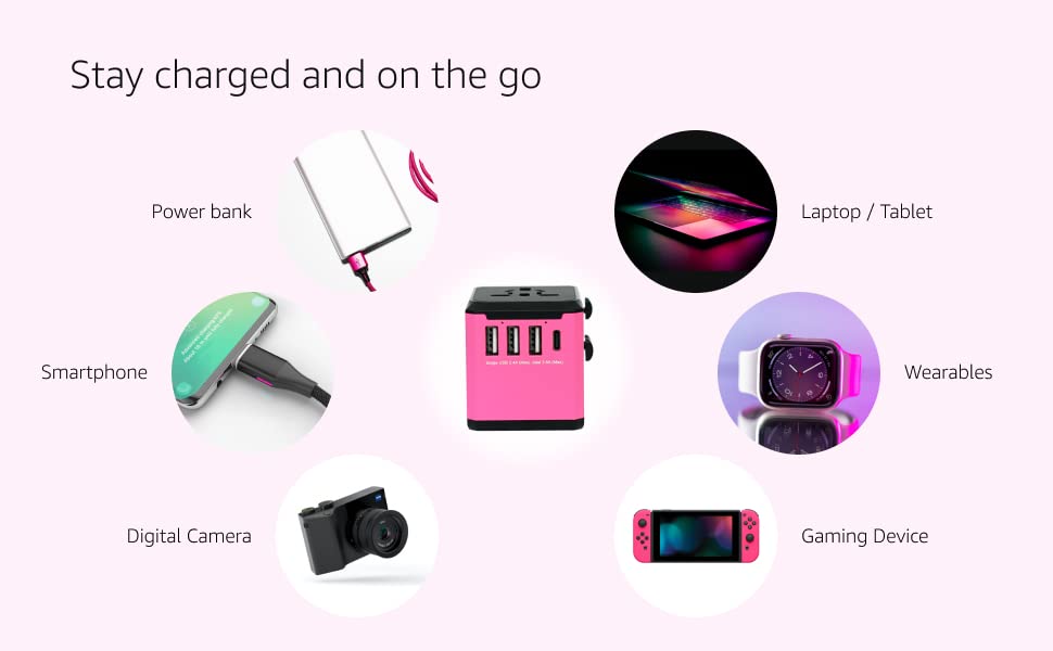 Travel Adapter, Universal Wall Charger AC Plug Adaptor with 3.6A Smart Power and 3.0A USB Type-C for USA EU UK AUS (Pink)