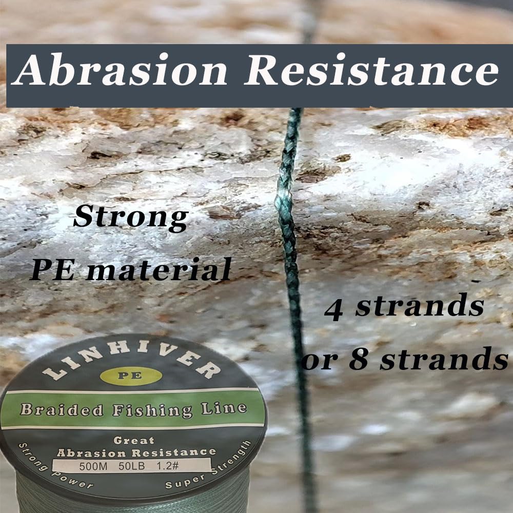 LinHiver Braided Fishing Line, Strong Power, Great Abrasion Resistance, Thin Diameter, No Stretch, Low Memory and High Sensitivity(328Yds, 20LB, 4 Strands, Dark Green)
