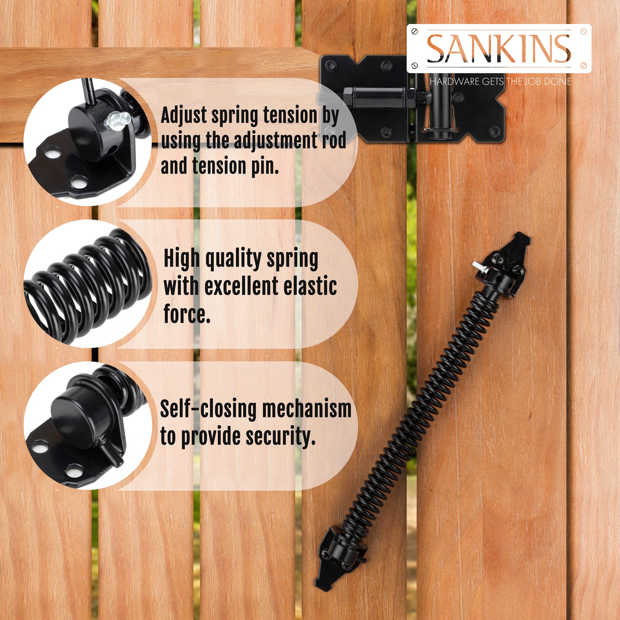 SANKINS 14" Gate Spring Self Closing Heavy Duty Outdoor Door Spring Automatic Metal Gate Closure Hardware with Adjustable Tool for Wooden and Vinyl Fence, Black, 2 Pcs