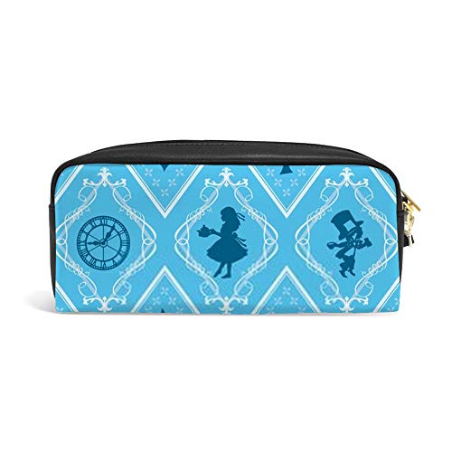 Kuizee Pencil Case Pouch Pen Bag Pen Case Wonderland Blue Small Students Stationery Pouch Zipper Bag School Office PU Leather 8 Inch