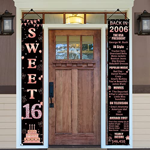 Pimvimcim 16th Birthday Banner Party Decorations for Girls, Sweet 16 Back in 2006 Banner Porch Sign Supplies, Rose Gold Happy 16 Birthday Sign Decor for Indoor Outdoor