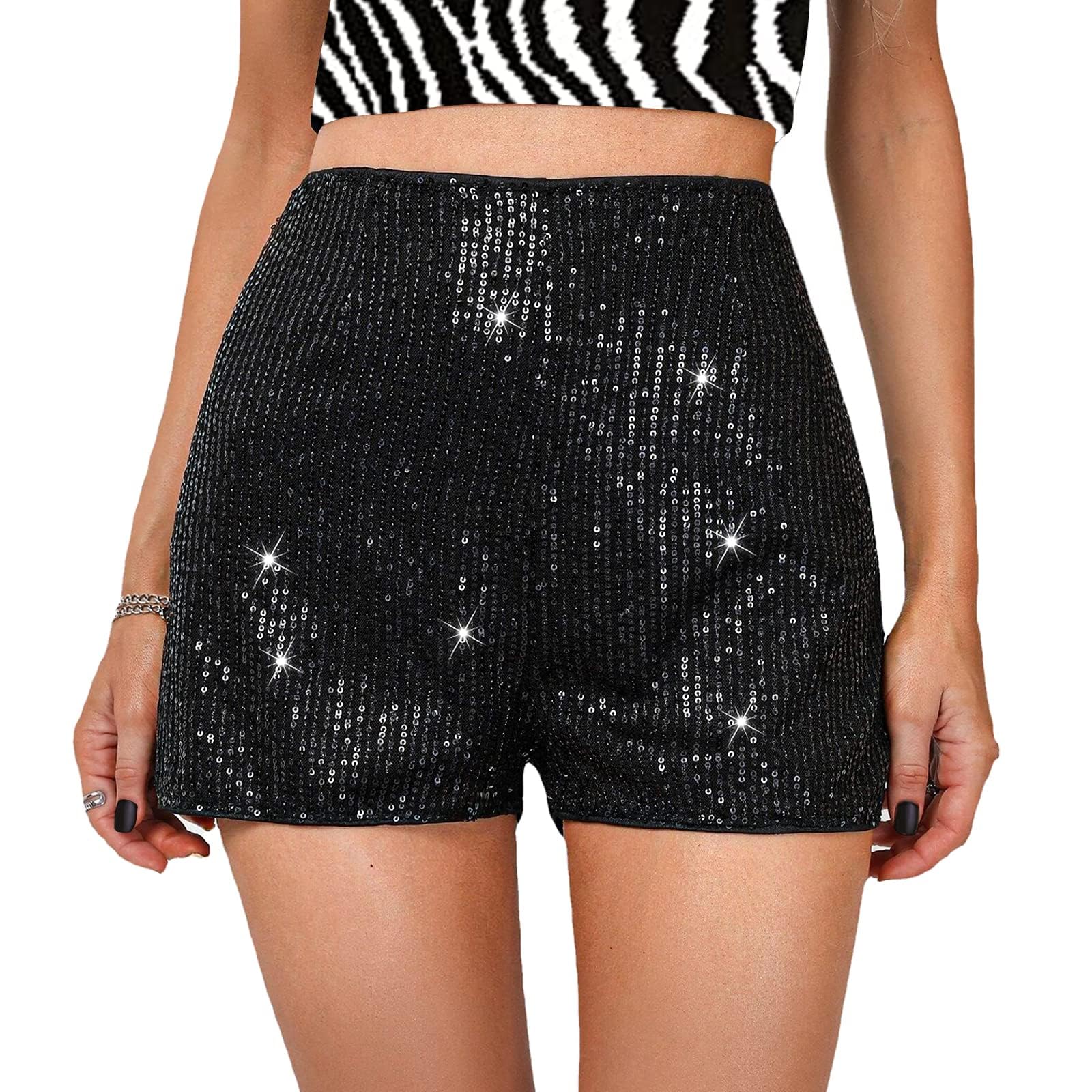 TRCKPOL High Waisted Sequin Shorts for Women Elastic Straight Leg Sparkly Glitter Party Shorts Black