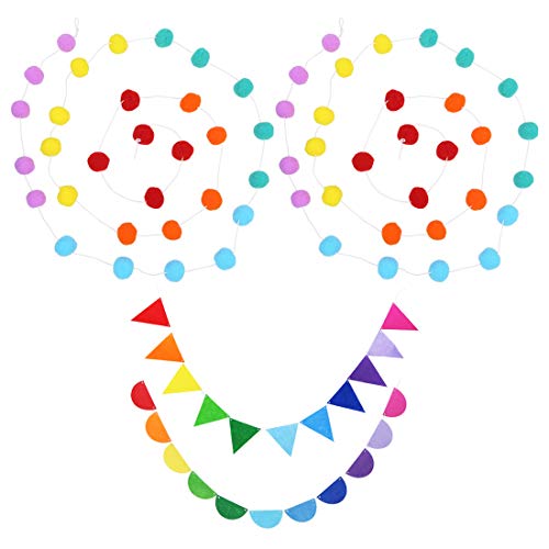 Total 4 Pack Rainbow Felt Fabric Decoration Garland Banners,Decorative Pom Pom Ball Garland Triangle Flags and Semicircle Banners for Baby Shower Christmas Birthday Wedding Party Wall Window Decor