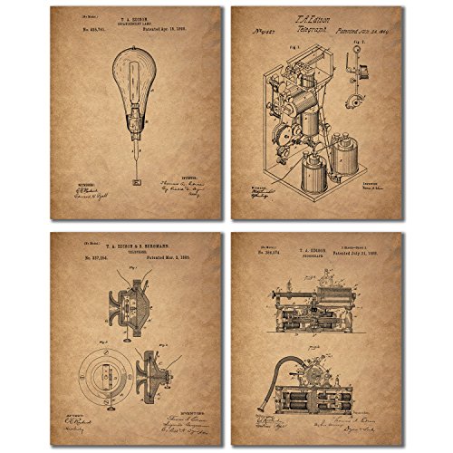 Edison Patent Prints - Set of 4 Vintage Light Bulb Telephone Phonograph Telegraph Wall Art Decor Photos