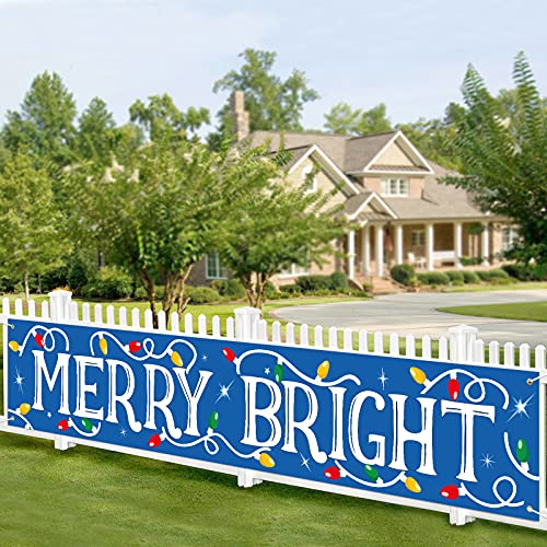 Merry Bright Banner Christmas Winter Holiday Fabric Garland Navy Blue Stars String Lights Hanging Sign Backdrop Photo Props for Wall Fence Fireplace Indoor Outdoor Home Decor Xmas Party Supplies