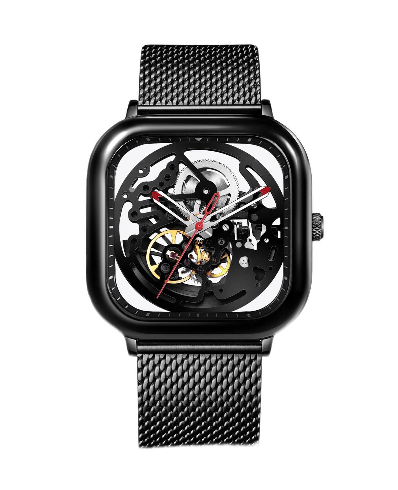CIGA Design Men's Automatic Watch, C Series Full Hollow Skeleton Mechanical Analog Wristwatch with Milanese and Leather Strap Sapphire Crystal Mirror (Black)