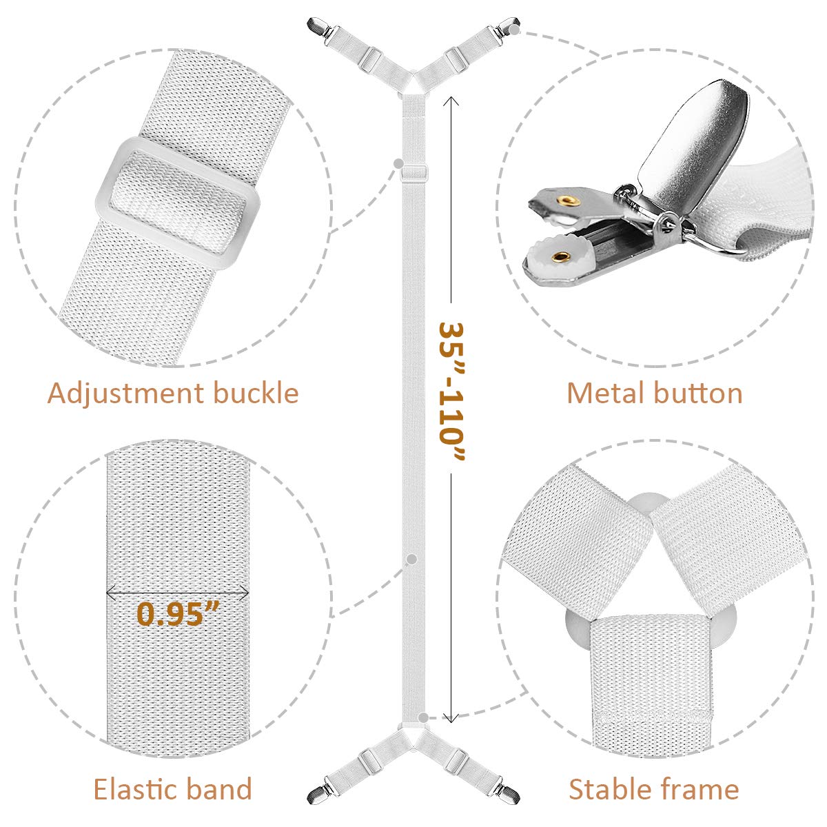 ACEDÉCOR Sheet Straps, Fitted Sheet Clips Under Mattress Keeping Sheets in Place, Bed Sheet Holder Straps for Twin, Full, Queen, King(White)