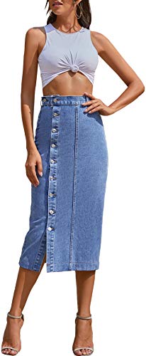 ELSTAROA Women's Casual High Waisted Solid Button Up Denim Jean Skirt Light Blue