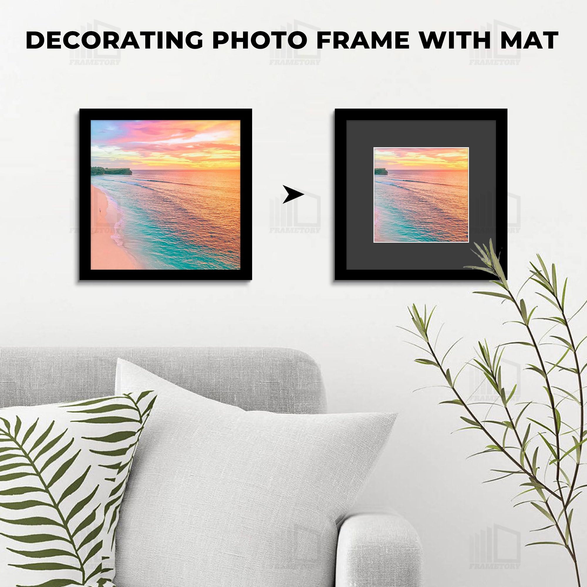 Frametory, 12x12 Black Pre-Cut Picture Mats for 8x8 Photos, Prints, Artworks - White Core Bevel Cut 7.5x7.5 Openings Acid Free Frame Mattes 1.4Mm Thickness - Pack of 12