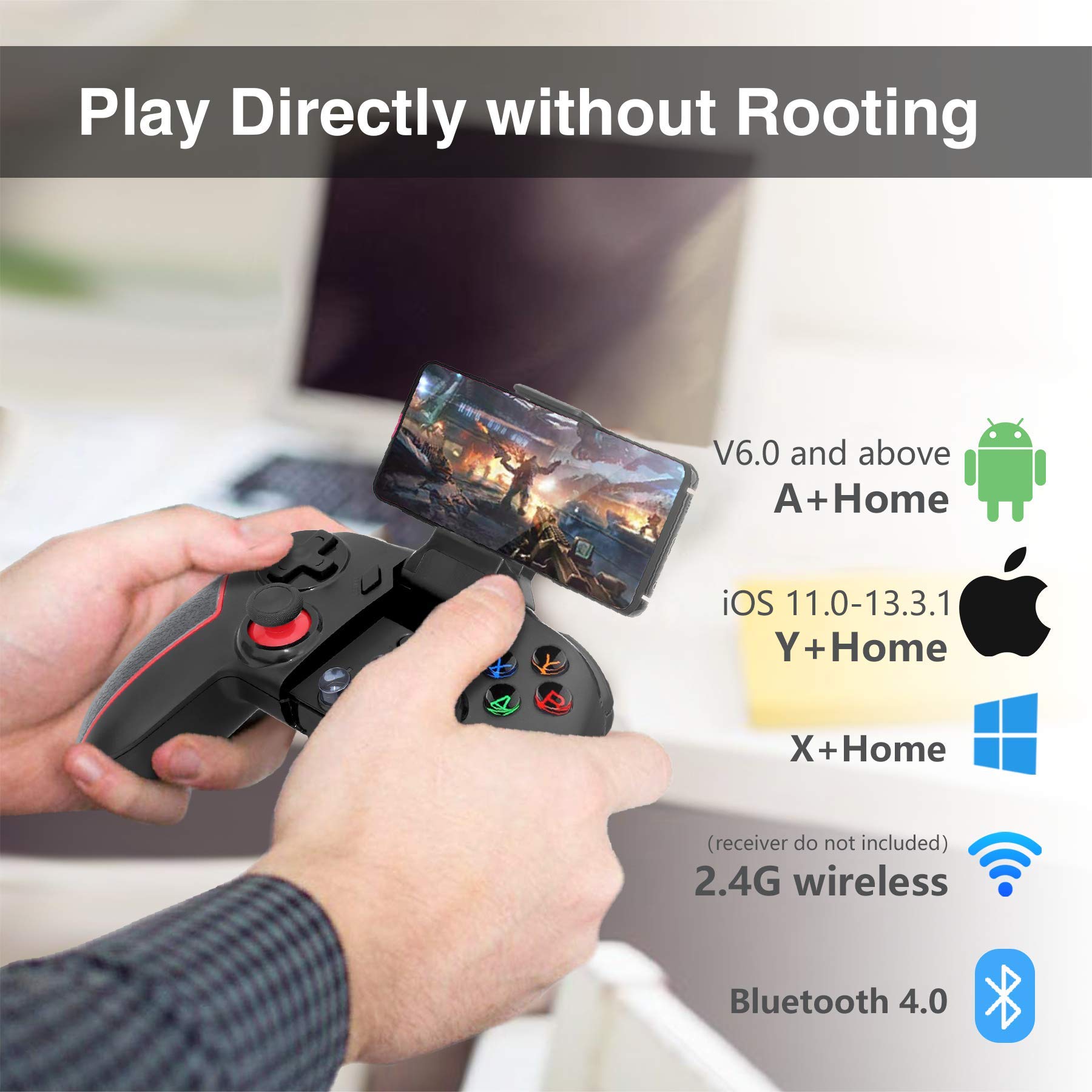 Sinfox Mobile Game Controller, 2.4G Wireless Gaming Controller, Dual-Vibration Bluetooth Game Controller Compatible with Android Phone/iOS 11.0-13.3.1/PC Windows7,8,10/TV Box/PS3/Tablets/Switch