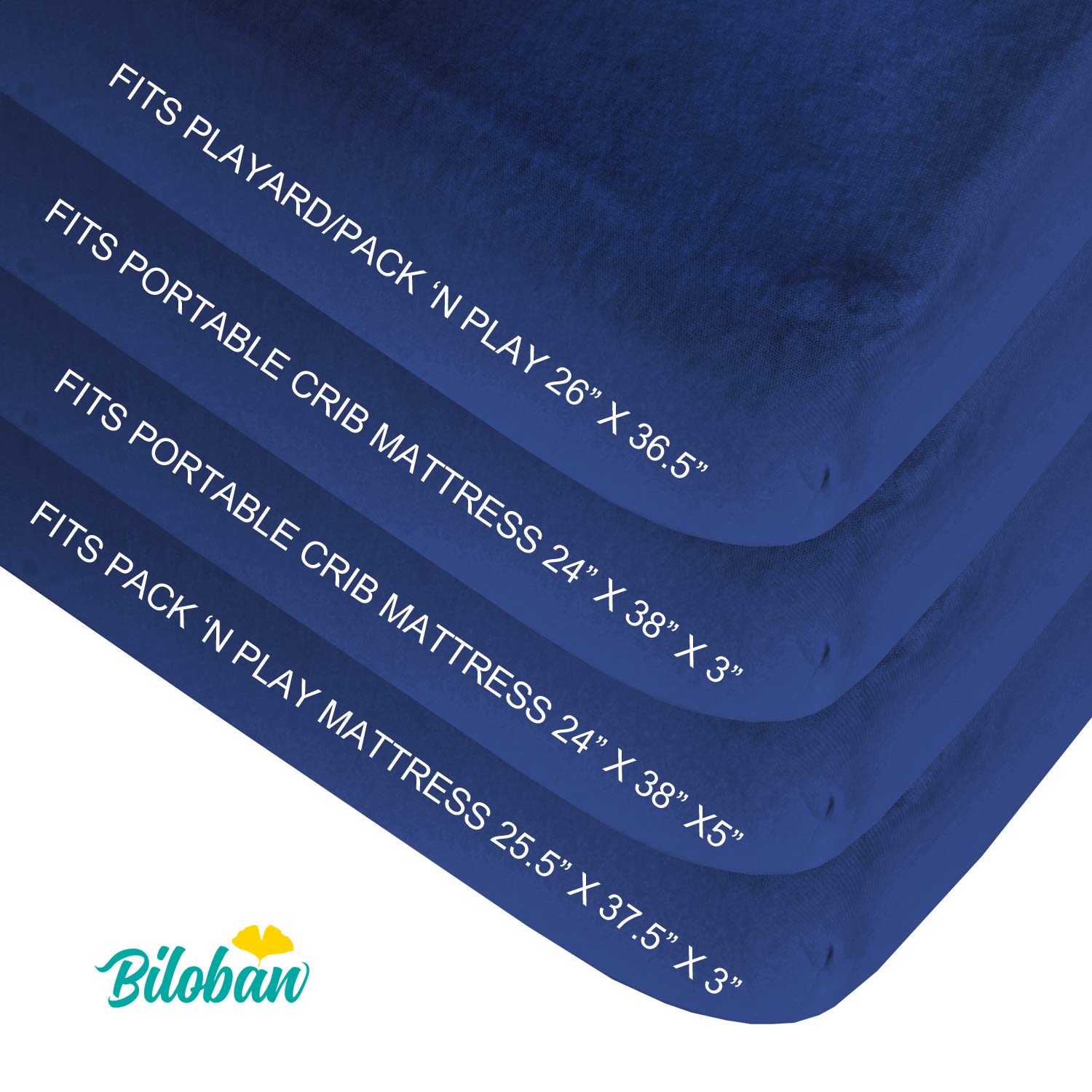 Biloban Pack and Play Sheets Fitted, 2 Pack Pack and Play Sheet Fits for Graco Pack n Play Mattress, Neutral Playard Sheets for Baby Boys and Girl, White & Navy Blue, 38βX 26β