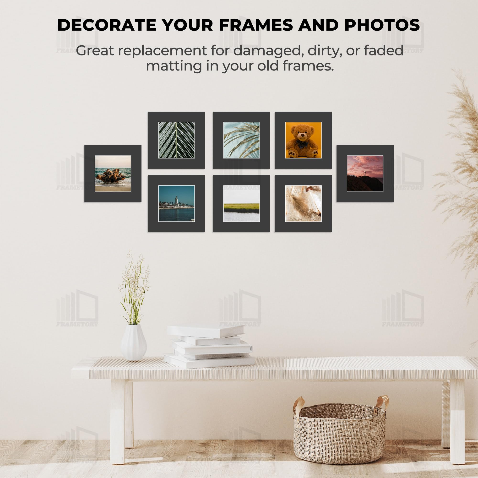 Frametory, 12x12 Black Pre-Cut Picture Mats for 8x8 Photos, Prints, Artworks - White Core Bevel Cut 7.5x7.5 Openings Acid Free Frame Mattes 1.4Mm Thickness - Pack of 12