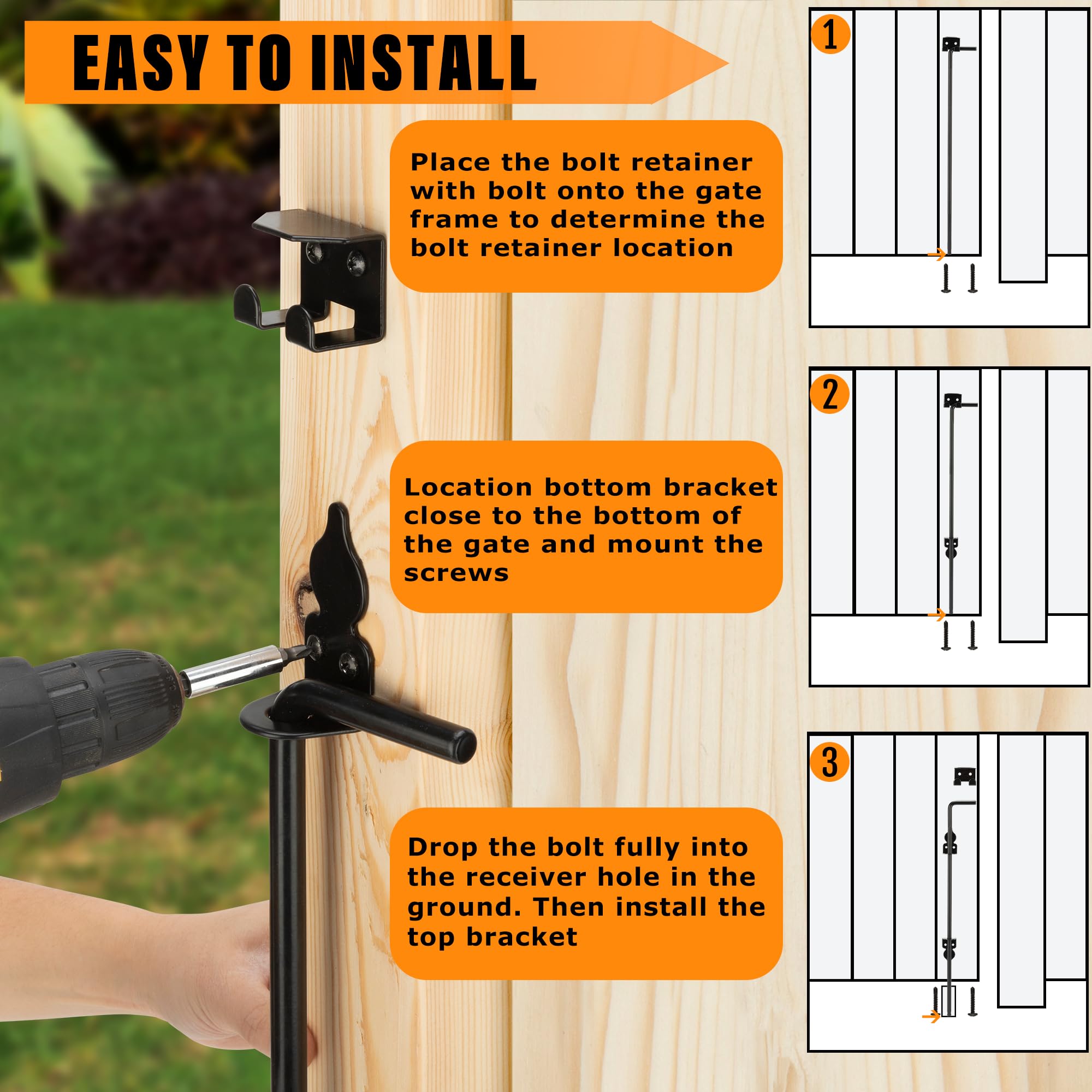 DJSUNPACKING 24" Heavy Duty Cane Bolt Gate Drop Rod-Steel Gate Ground Latch Designed for Wood Metal Vinyl Gates or Double Doors Fence Applications-2 Pack