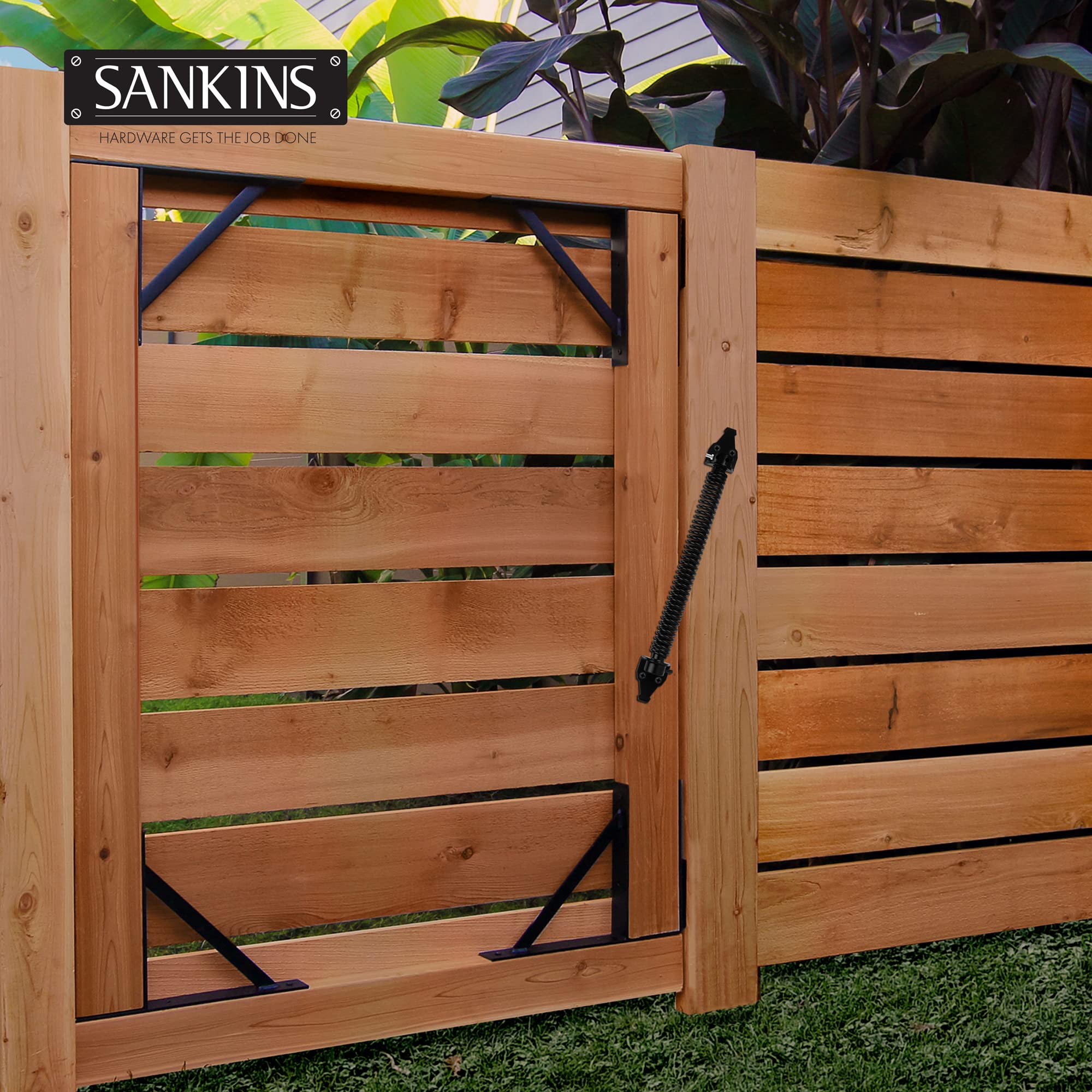 SANKINS 14" Gate Spring Self Closing Heavy Duty Outdoor Door Spring Automatic Metal Gate Closure Hardware with Adjustable Tool for Wooden and Vinyl Fence, Black, 2 Pcs
