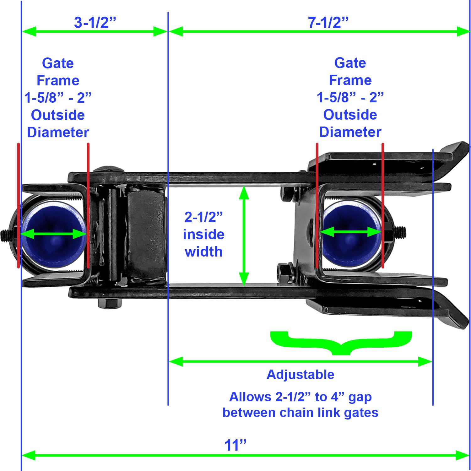 Black Chain Link Commercial Strong Arm Double Gate Latch - Latches Two Gates Together Without The Need of a Drop Rod - Chain Link Double Gate Latch for 1-5/8" Thru 2" Gate Frames