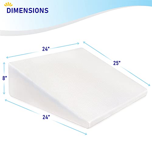Bed Wedge Pillow Cooling Memory Foam Top – 8" 24" 24" Elevated Support Cushion, Triangle Wedge Pillow for Sleeping, Lower Back Pain, Acid Reflux, Heartburn, Allergies, Snoring – Removable Cover