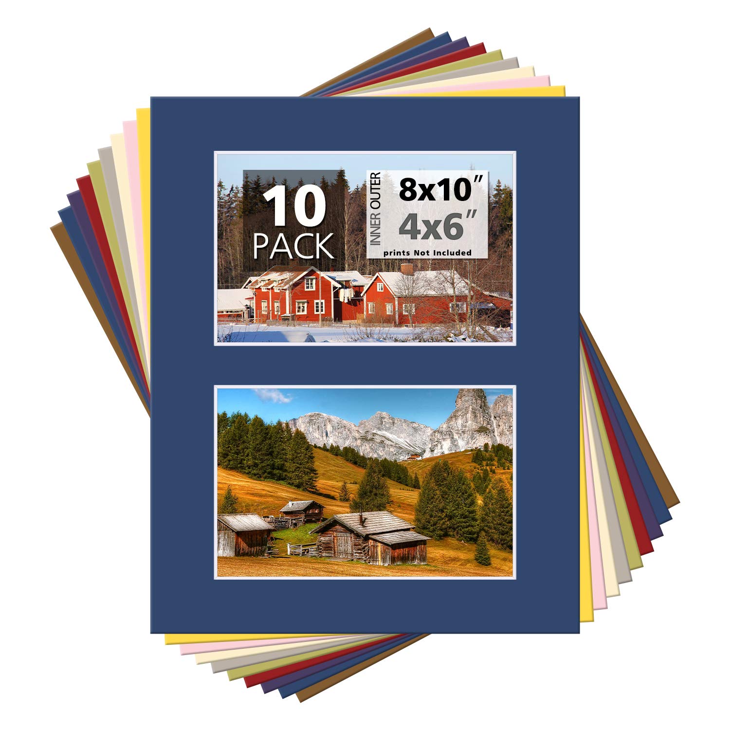 Mat Board Center, Pack of 10, Photo Picture Mats - Acid Free, 4-ply Thickness, White Core - for Pictures, Photos, Framing (8x10 for 2-4x6 Mixed Color)