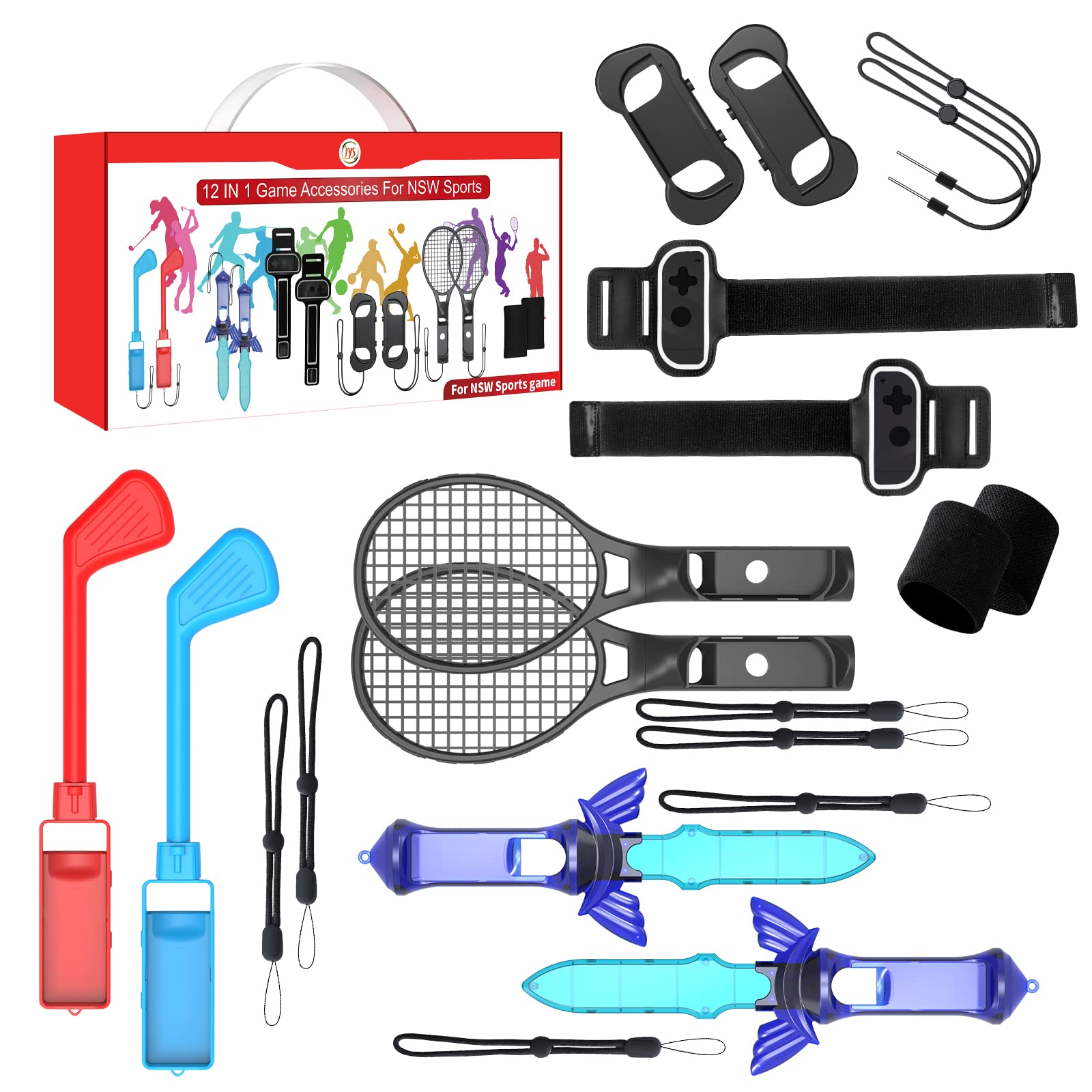 ZKKEIIE Switch Sports Games Accessories, 12 in 1 Accessories Bundle Pack include Swords, Golf Clubs, Tennis Rackets, Wrist Bands and Straps, Switch Accessories Kit Compatible with Switch/Switch OLED
