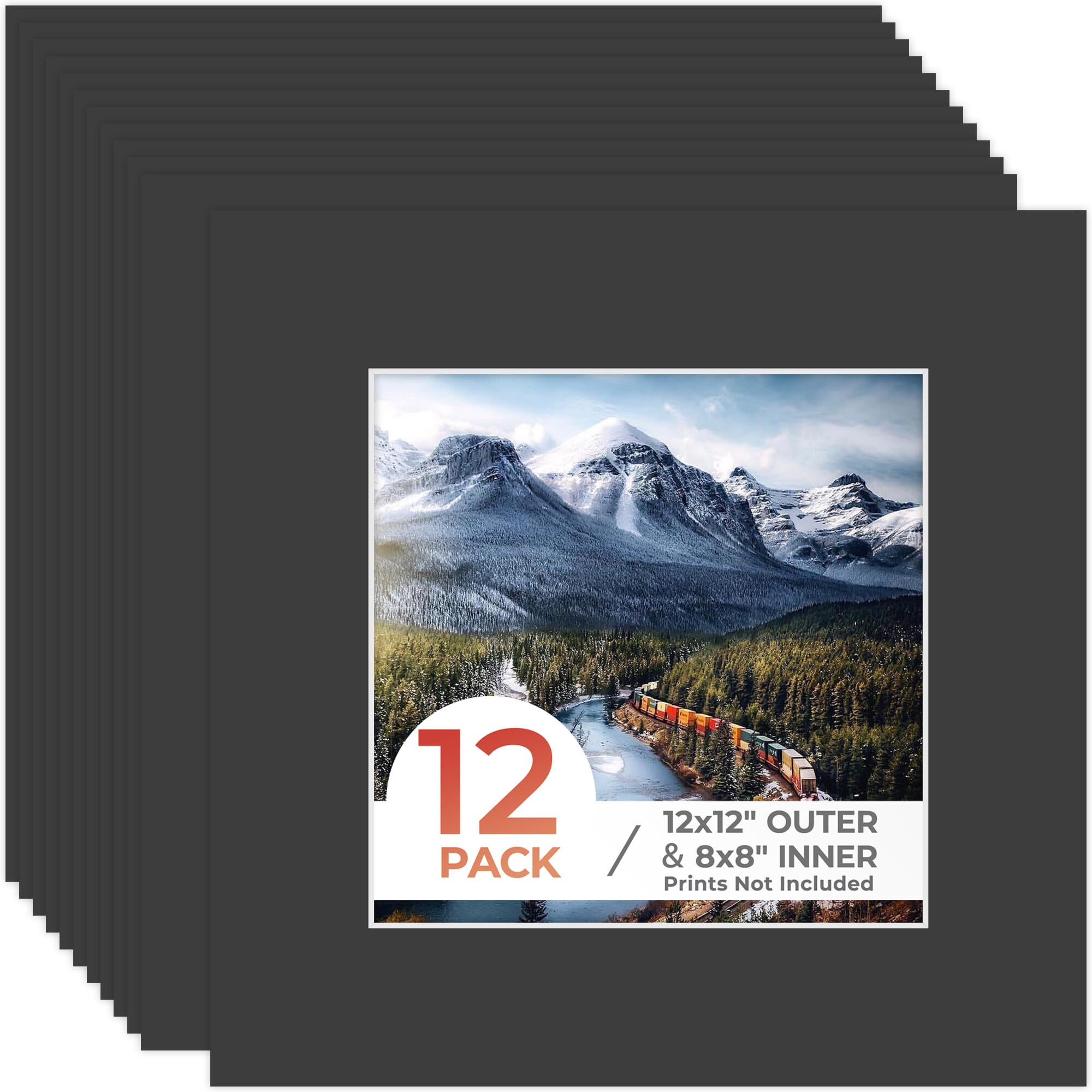 Frametory, 12x12 Black Pre-Cut Picture Mats for 8x8 Photos, Prints, Artworks - White Core Bevel Cut 7.5x7.5 Openings Acid Free Frame Mattes 1.4Mm Thickness - Pack of 12