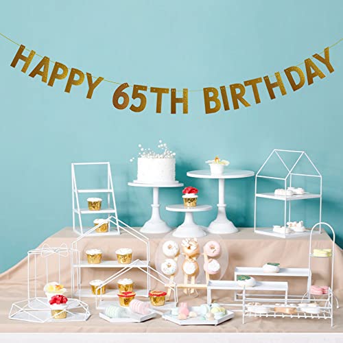 HAPPY 65TH BIRTHDAY Banner,Pre-strung,No Assembly Required,65th Birthday Party Decorations Supplies,Gold Glitter Paper Garlands Backdrops, Letters Gold Betteryanzi