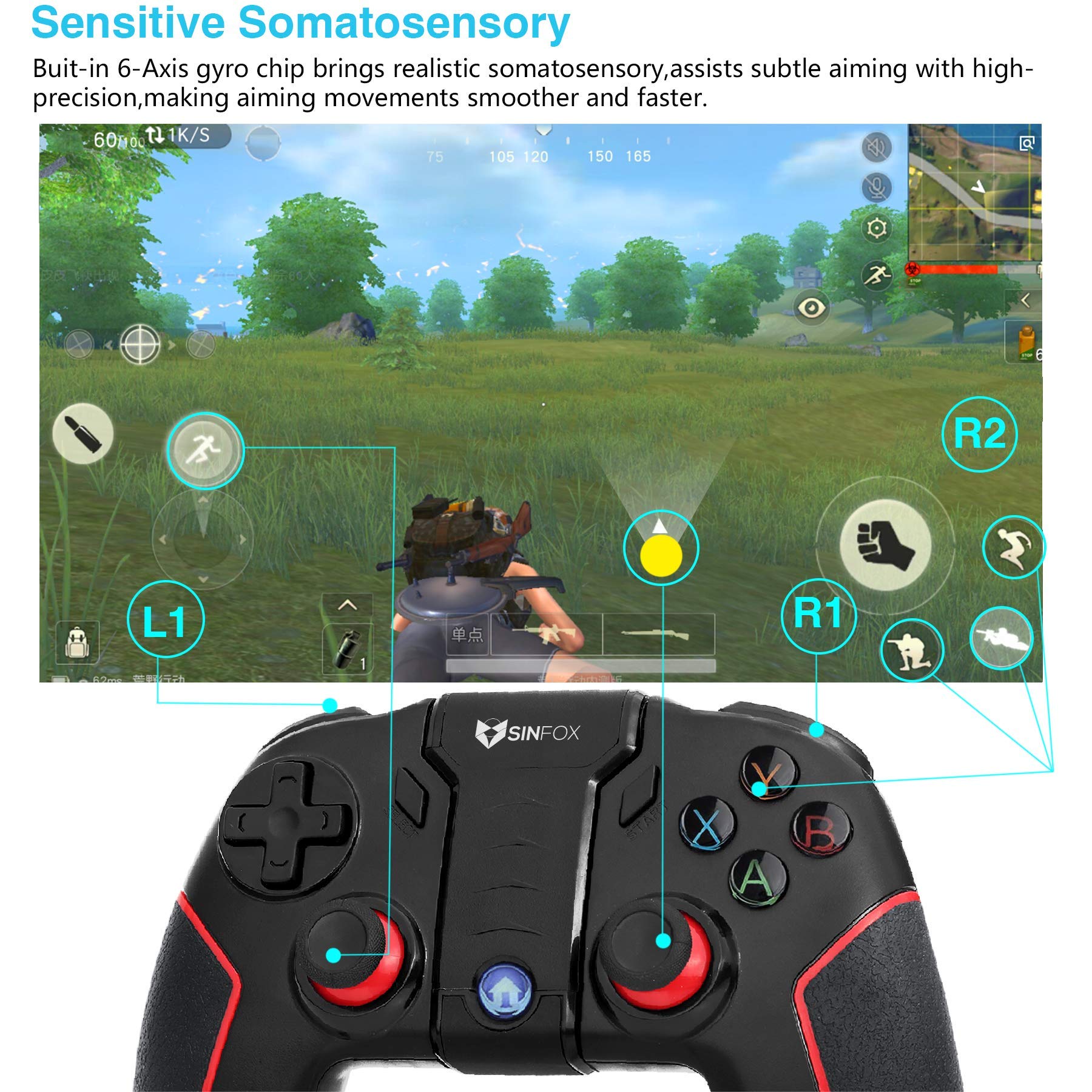 Sinfox Mobile Game Controller, 2.4G Wireless Gaming Controller, Dual-Vibration Bluetooth Game Controller Compatible with Android Phone/iOS 11.0-13.3.1/PC Windows7,8,10/TV Box/PS3/Tablets/Switch