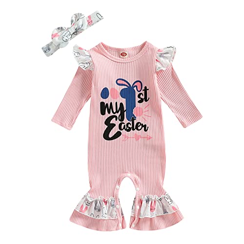 ZIMBRO Baby Girl Easter Outfit Bunny Print Romper My 1st/First Easter Letter Jumpsuit Long Sleeve Bodysuit Headband (Pink,0-3 Months)