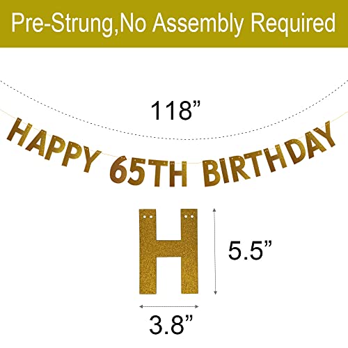 HAPPY 65TH BIRTHDAY Banner,Pre-strung,No Assembly Required,65th Birthday Party Decorations Supplies,Gold Glitter Paper Garlands Backdrops, Letters Gold Betteryanzi