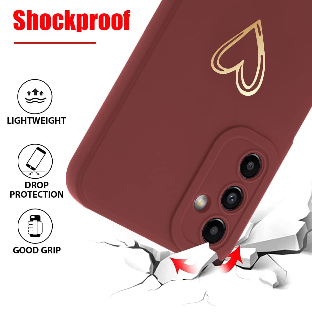 Fiyart Designed for Samsung Galaxy A14 5G Case Love Heart Design for Women Girls Soft TPU Plating Full Camera Lens Protection Phone Cover Bumper with Screen Protector for Galaxy A14 5G-Wine Red