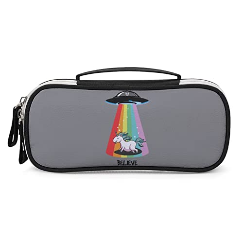 Believe in Unicorn UFO PU Leather Pen Pencil Bag Organizer Portable Makeup Carry Case Storage Handbag