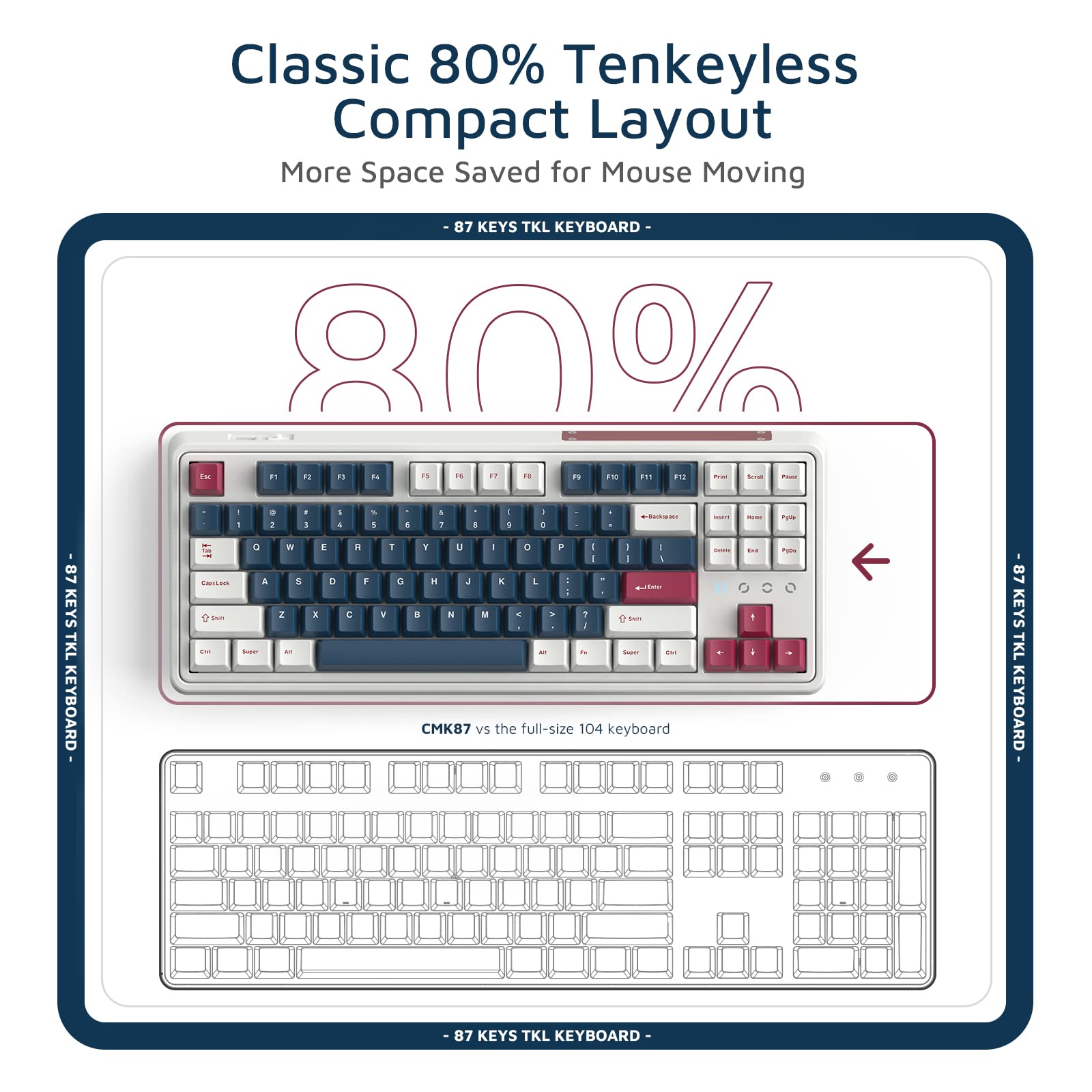 FL CMK87 80% TKL Wireless Mechanical Keyboard, Clear Tactile Kailh Box White, 87 Keys & PBT Keycaps, Rigid Programmable Rechargeable Hot-swap, Marvelous Retro